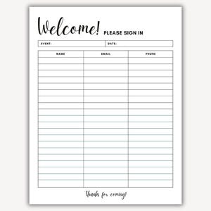 Sign in Sheet Printable PDF Open House Sign in Sheet Template Meeting ...