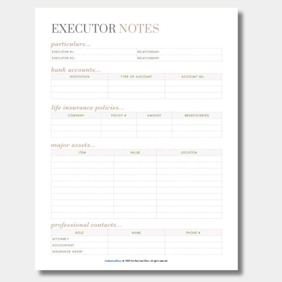 Executor Notes Printable PDF Estate Executor Notes Will Executor Notes ...