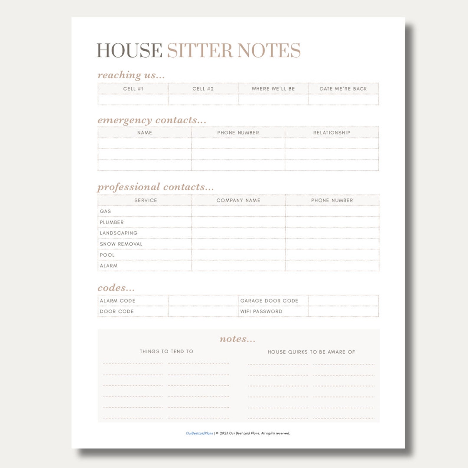 House Sitter Instructions House Sitter Checklist Printable Template ...