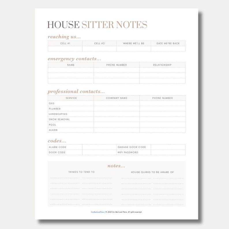 House Sitter Instructions House Sitter Checklist Printable Template ...