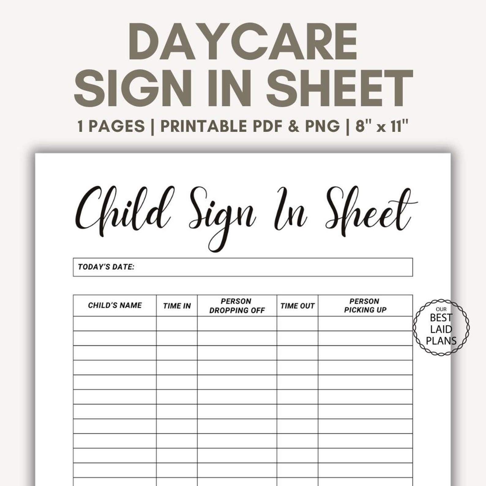 Daycare Sign in Sheet Printable PDF, Child Care Sign in Sheet ...