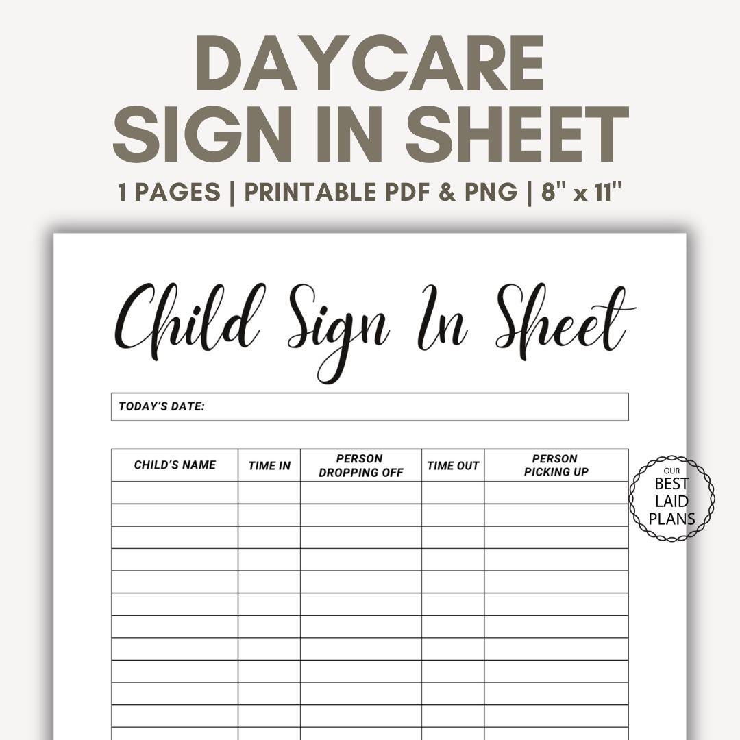 Daycare Sign in Sheet Printable PDF, Child Care Sign in Sheet ...