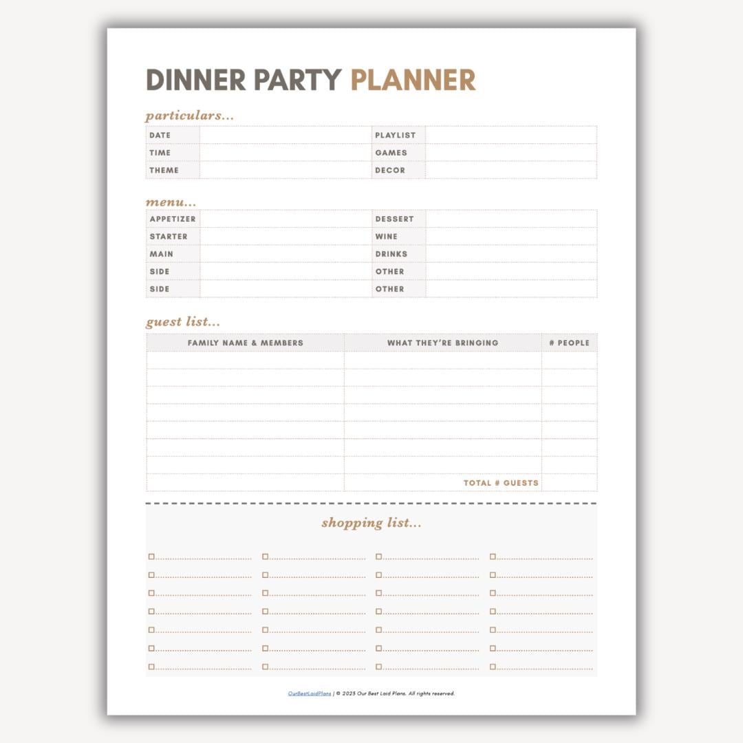 Dinner Party Planner Sheet Printable PDF Dinner Party Menu Planning ...