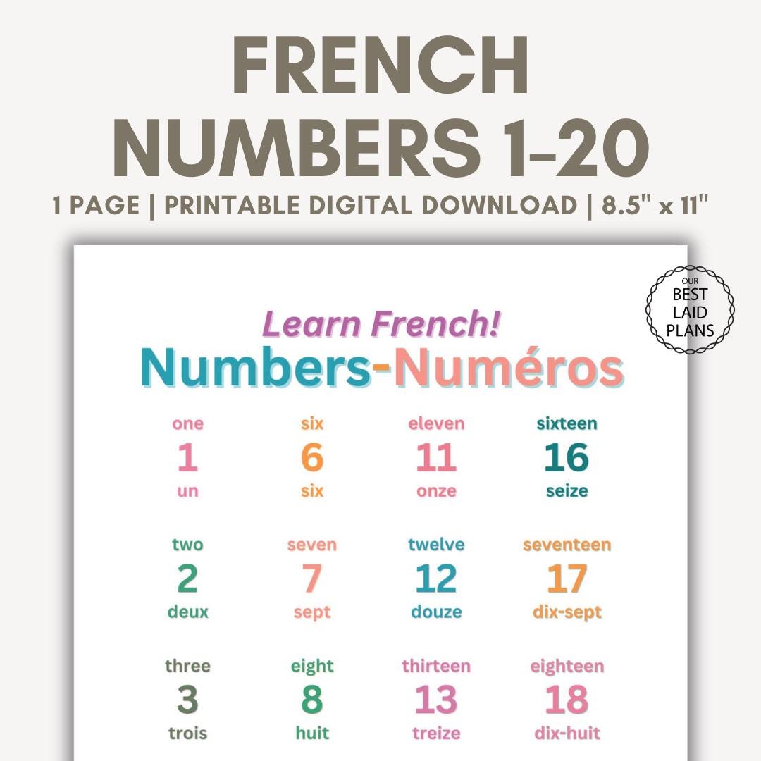 French Numbers Chart Printable Numbers 1-20 in French English to French ...