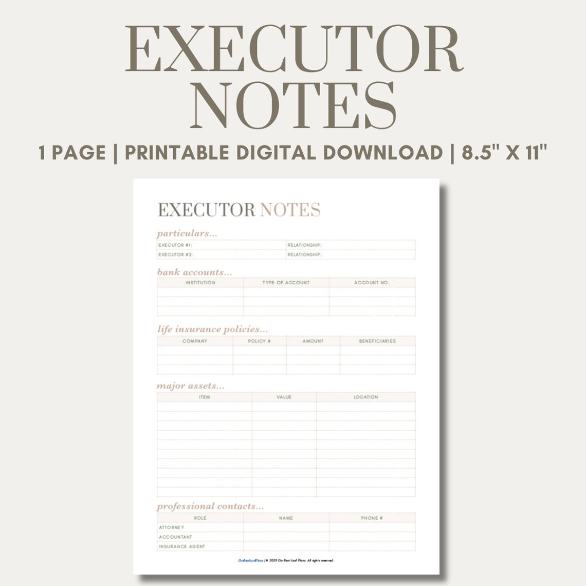 Executor Notes Printable PDF Estate Executor Notes Will Executor Notes ...
