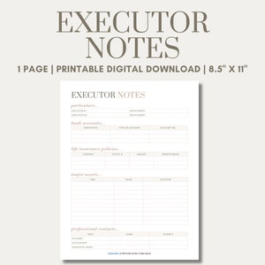 Executor Notes Printable PDF Estate Executor Notes Will Executor Notes ...