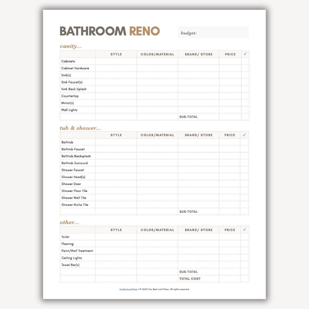 Printable Bathroom Estimate Sheets Bathroom Remodel Planner Template