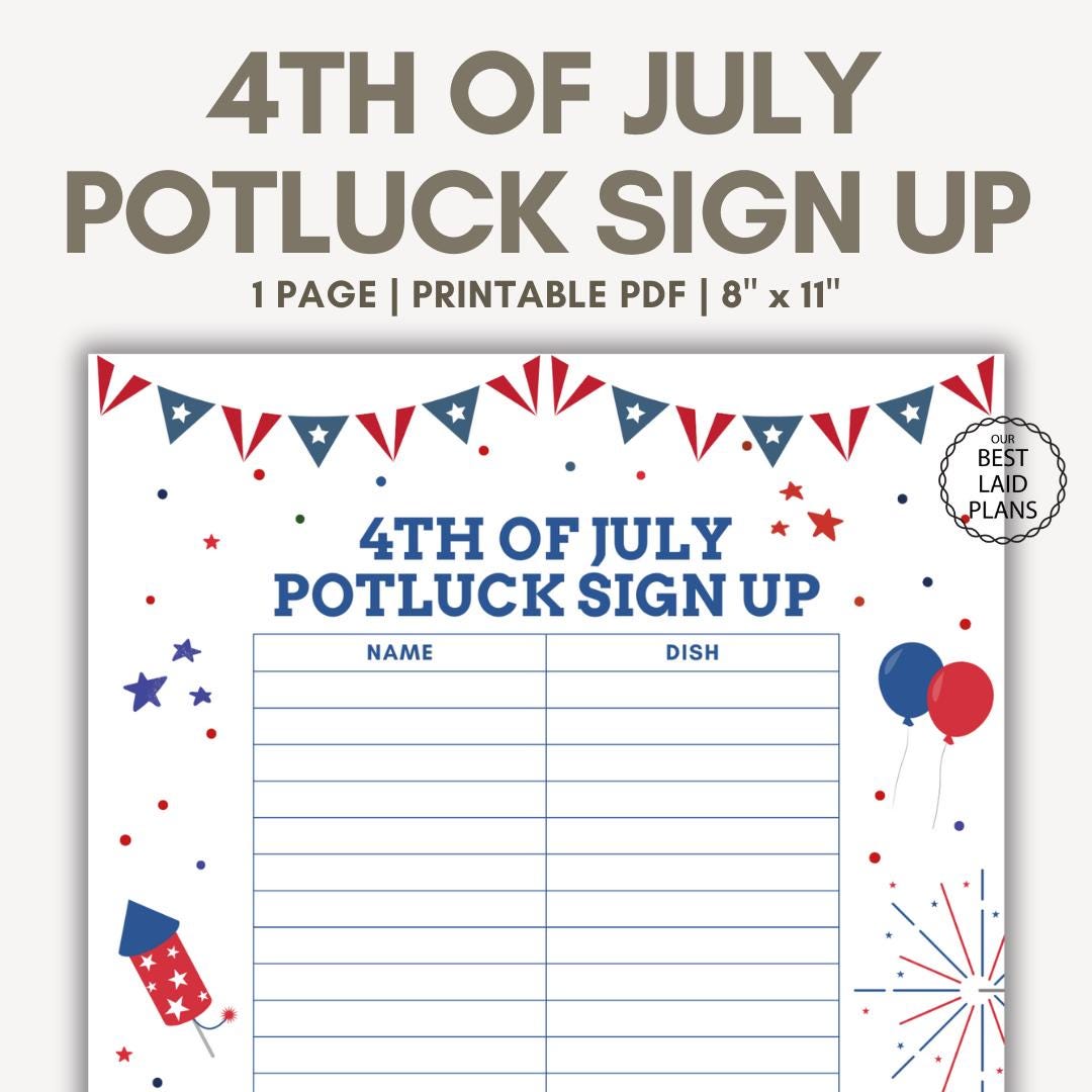 4th of July Potluck Sign up Sheet Printable, 4th of July Potluck Sign ...