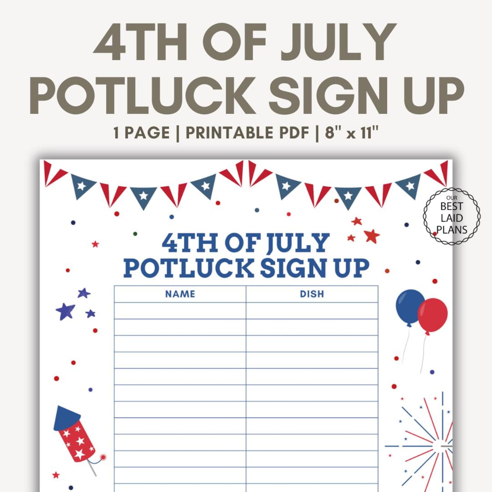 4th of July Potluck Sign up Sheet Printable, 4th of July Potluck Sign ...
