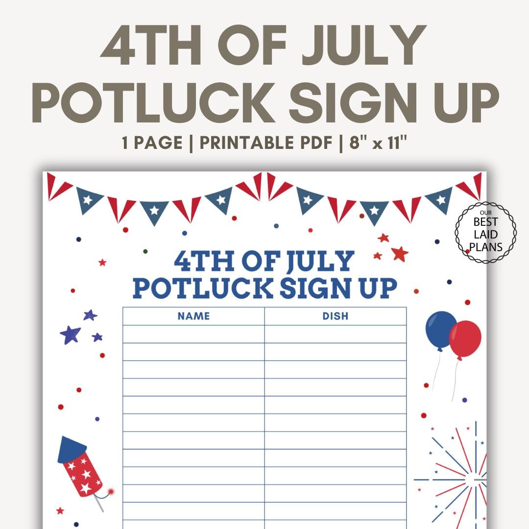 4th of July Potluck Sign up Sheet Printable, 4th of July Potluck Sign ...