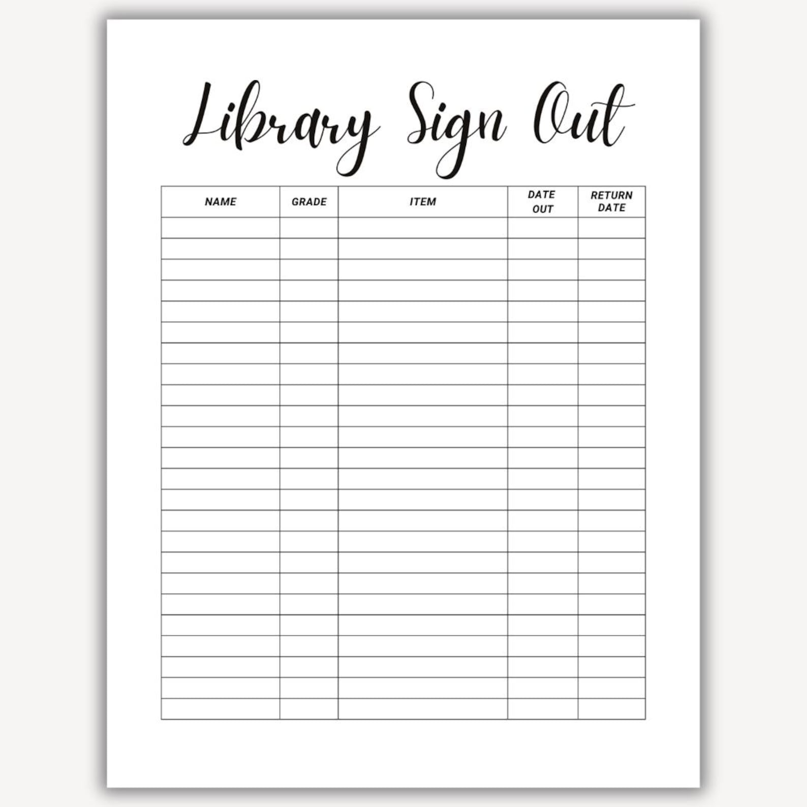Library Sign Out Sheet Printable PDF, School Library Book Sign Out ...