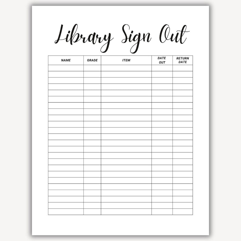 Library Sign Out Sheet Printable PDF, School Library Book Sign Out ...