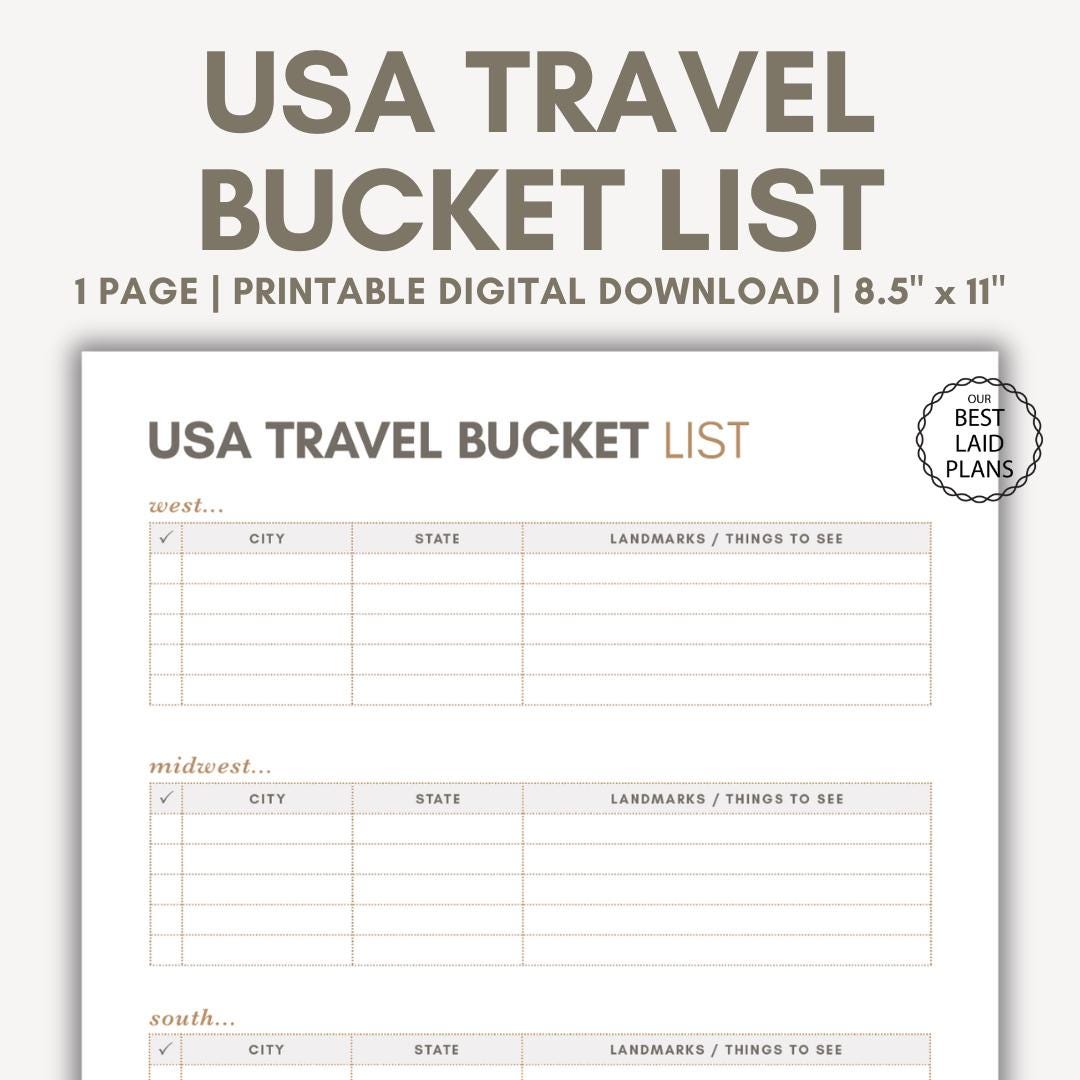 Bucket List US Travel Destinations Printable, Bucket List Places to ...