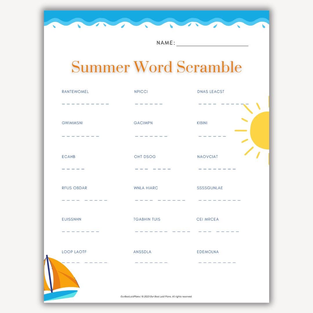 Summer Word Scramble Printable PDF Summer Theme Word Jumble Summertime ...