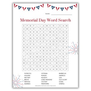 Memorial Day Word Search Printable PDF Memorial Day Word Find Game for ...