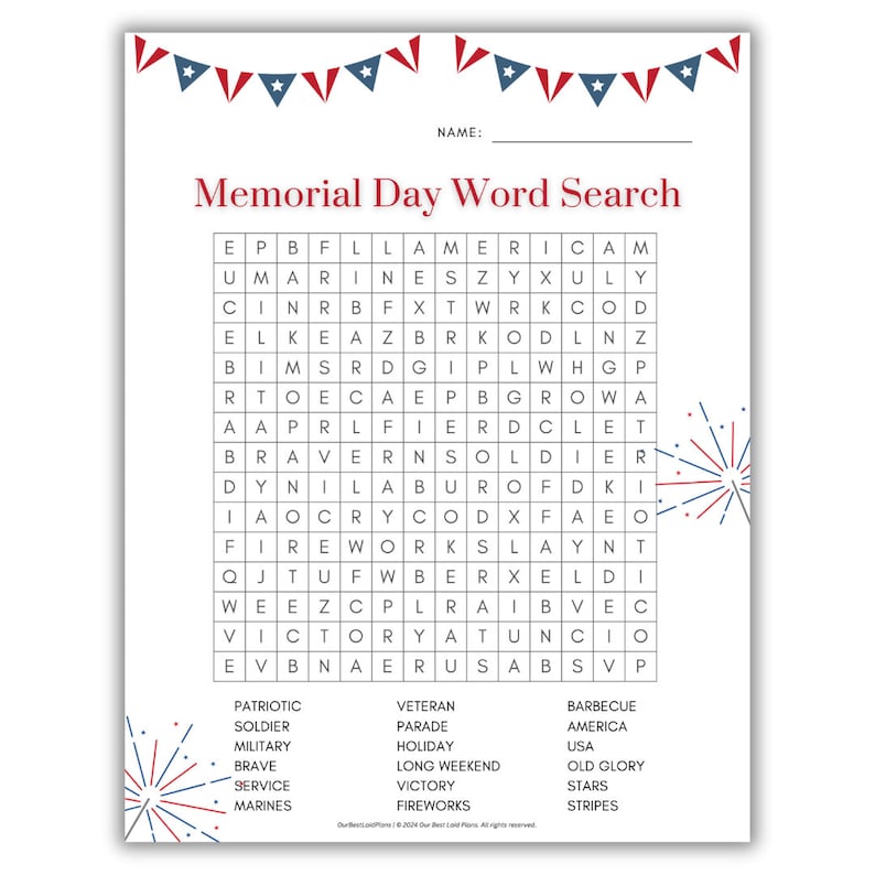 Memorial Day Word Search Printable PDF Memorial Day Word Find Game for ...
