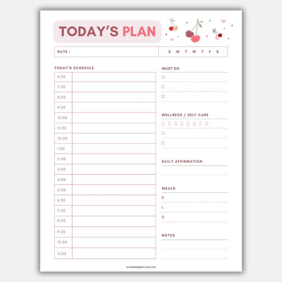 Cherry Theme Planner Printable, Cherry Daily Planner Template, Daily ...