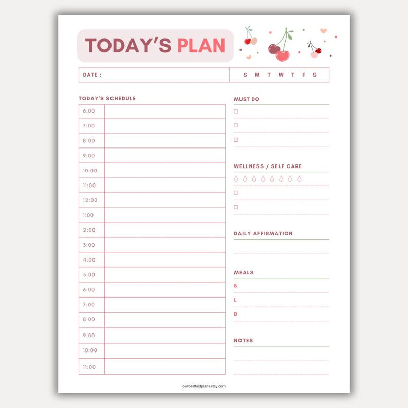 Cherry Theme Planner Printable, Cherry Daily Planner Template, Daily ...