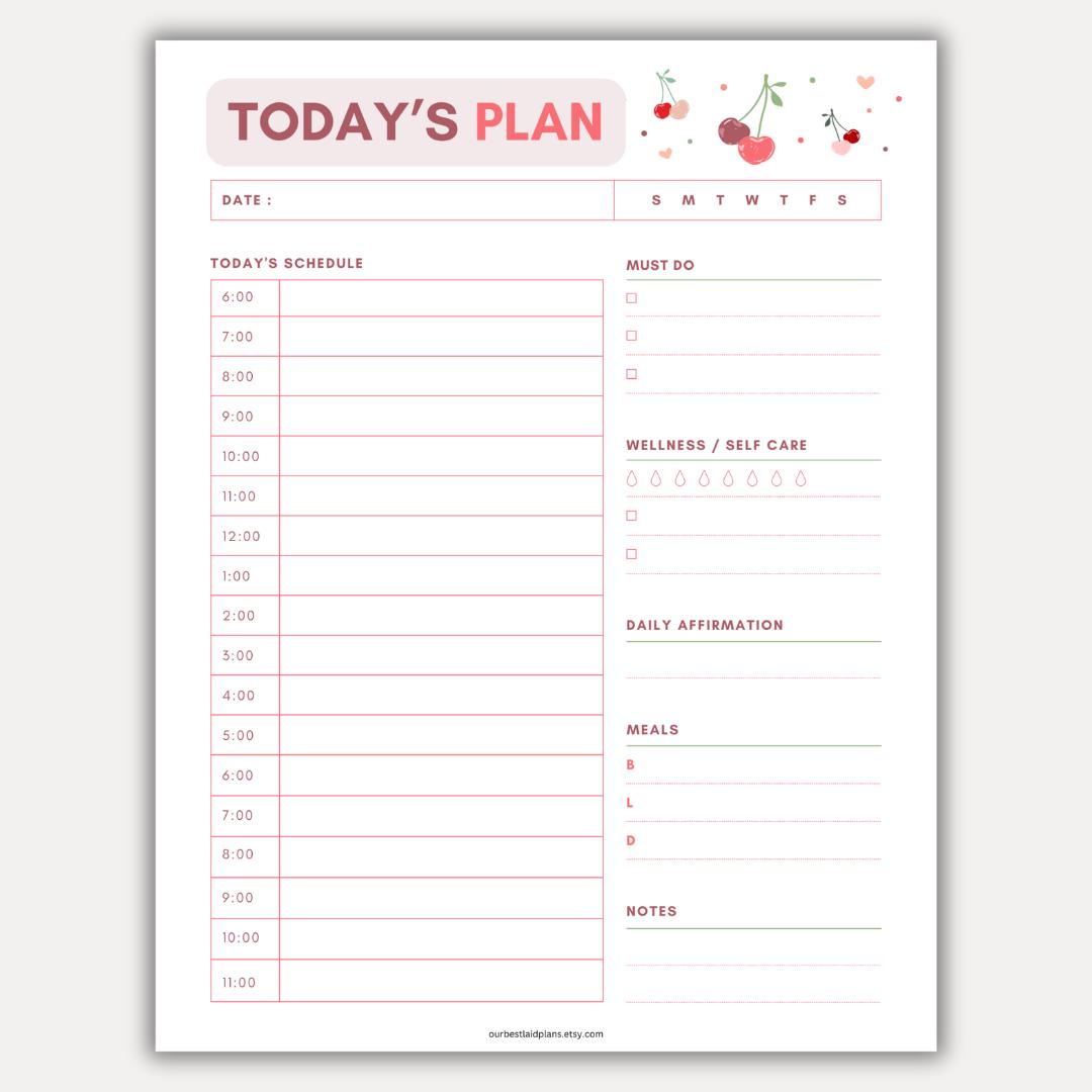 Cherry Theme Planner Printable, Cherry Daily Planner Template, Daily Agenda Cherry Vibes, Cute ...