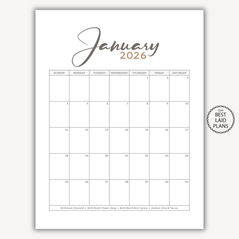 2026 Monthly Calendar Printable Fillable PDF Portrait Orientation Blank ...