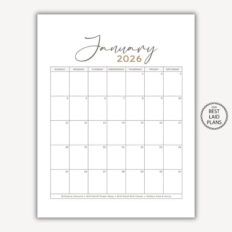 2026 Calendar Printable and Fillable PDF, No Holiday, Blank Template ...