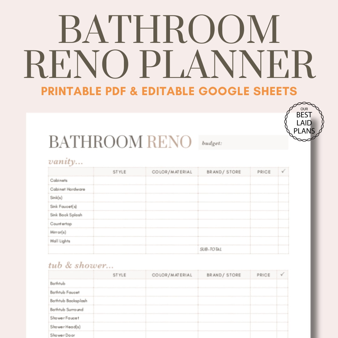 Bathroom Renovation Planner Printable PDF Google Sheets Editable ...
