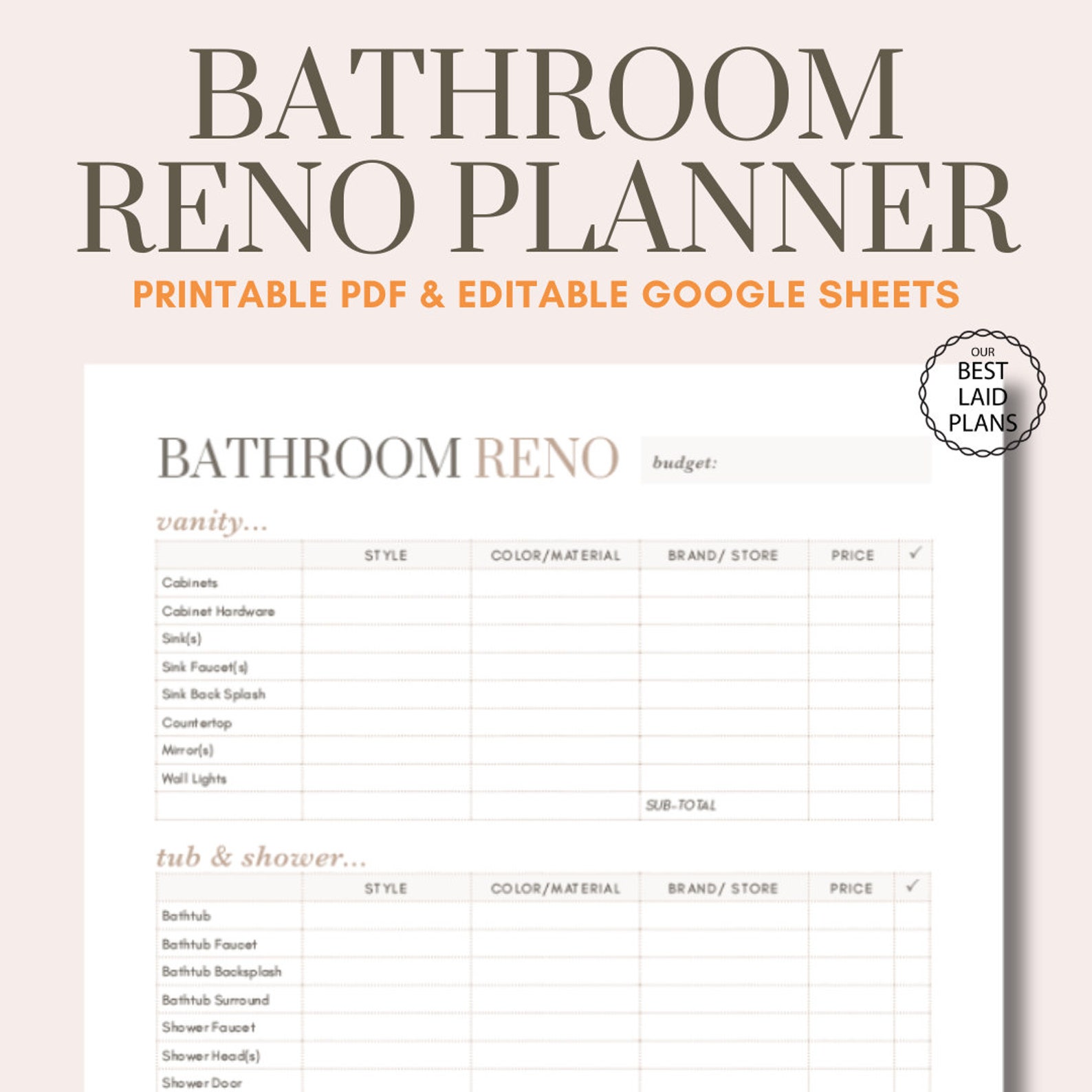 Bathroom Renovation Planner Printable PDF Google Sheets Editable ...