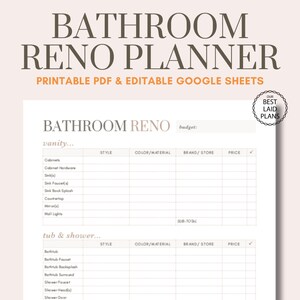 Bathroom Renovation Planner Printable PDF Google Sheets Editable ...