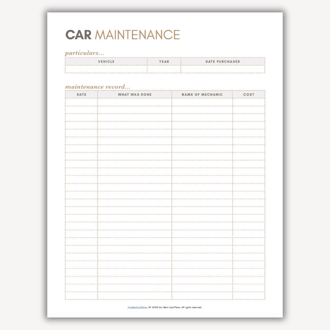 Car Maintenance Tracker Printable PDF, Car Maintenance Record Planner ...