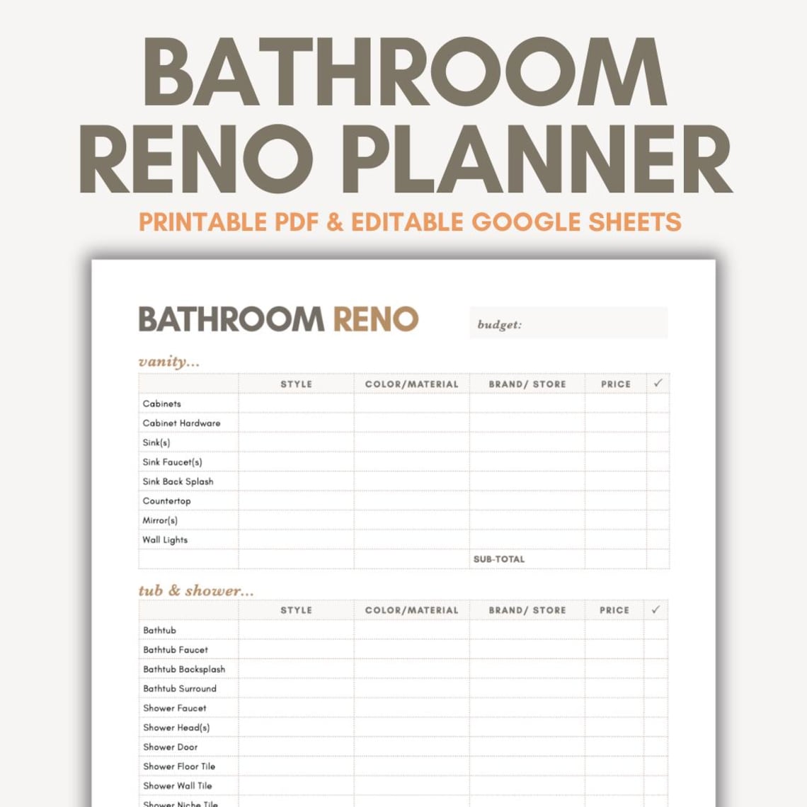 Bathroom Renovation Planner Printable PDF Google Sheets Editable ...