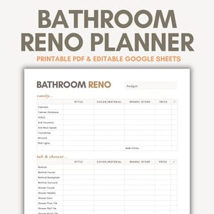 Bathroom Renovation Planner Printable PDF Google Sheets Editable ...