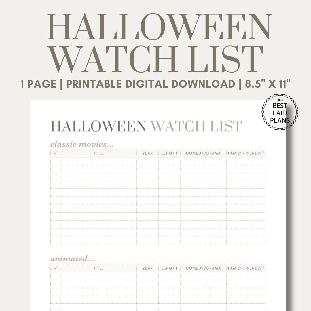 Halloween Movie Watch List Printable Planner PDF, Halloween Printable ...
