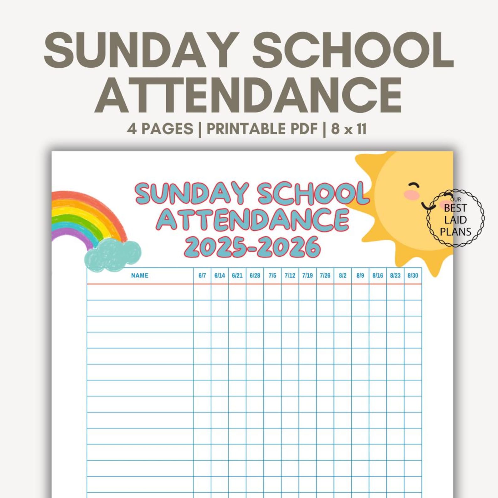 Sunday School Attendance Chart Printable PDF, Sunday School Attendance ...