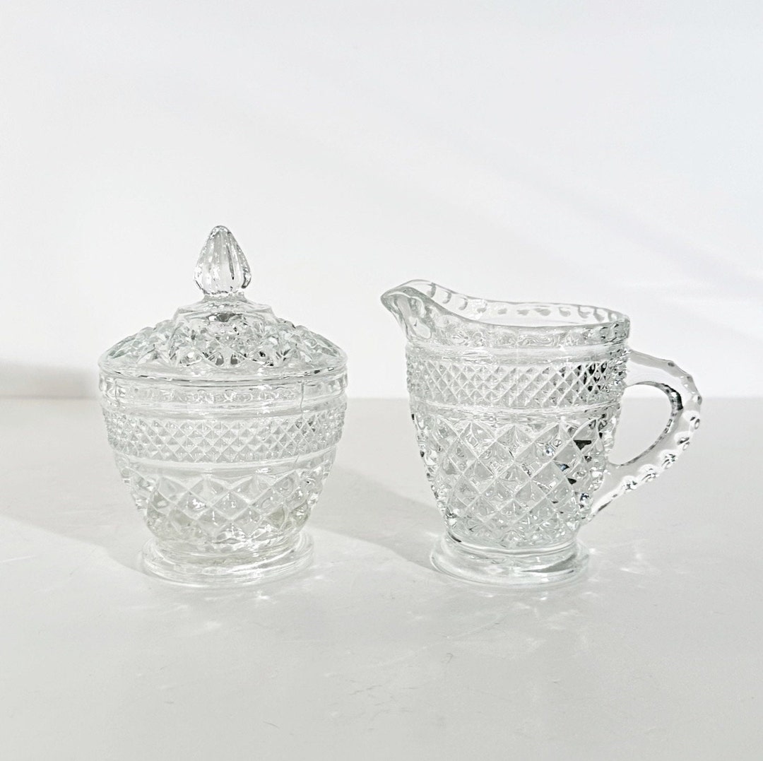 Vintage Diamond Point Pattern Anchor Hocking Glass Creamer and Sugar ...