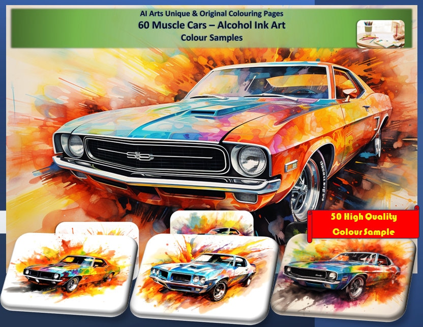 100 Pages of 1970s Muscle Cars - Alcohol Ink Art Style Plus 60 Colour ...
