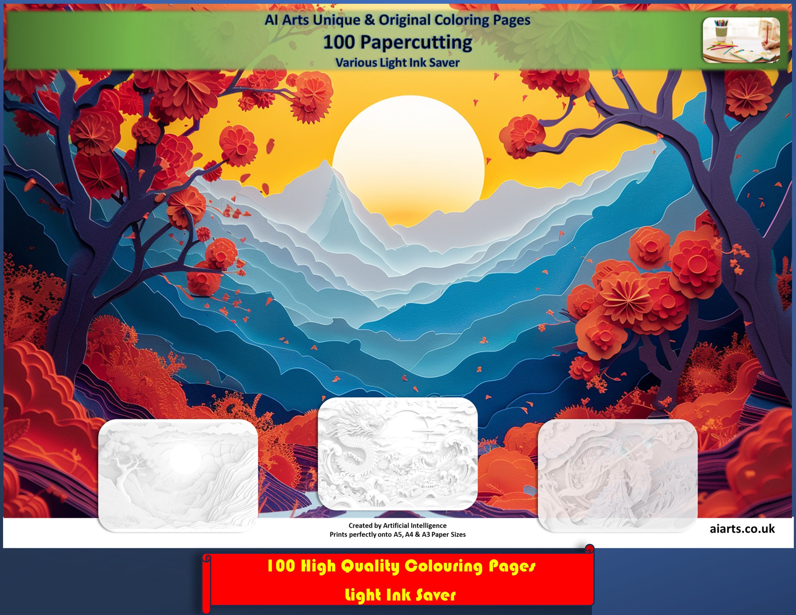 Papercutting Various, 100 Coloring Pages Plus 50 Color Sample Pages ...
