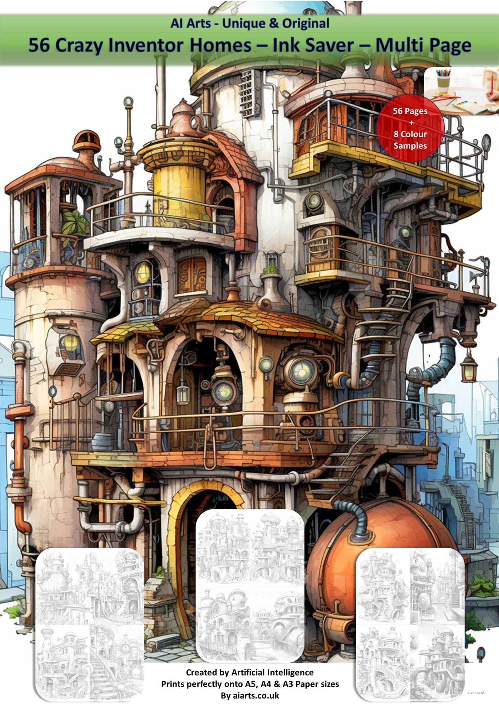 Crazy Inventor Homes, 56 Coloring Pages, 8 Color Samples and All Image ...