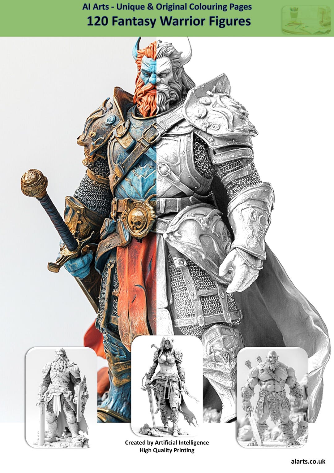 Fantasy Warrior Coloring Pages: 3D Figures, Shading Practice (PDF ...