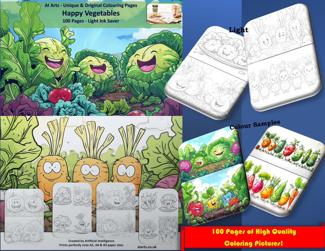 Happy Vegetables, 100 Coloring Pages Plus Color Samples Pages Plus ...