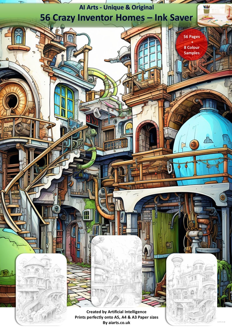 Crazy Inventor Homes, 56 Coloring Pages, 8 Color Samples and All Image ...