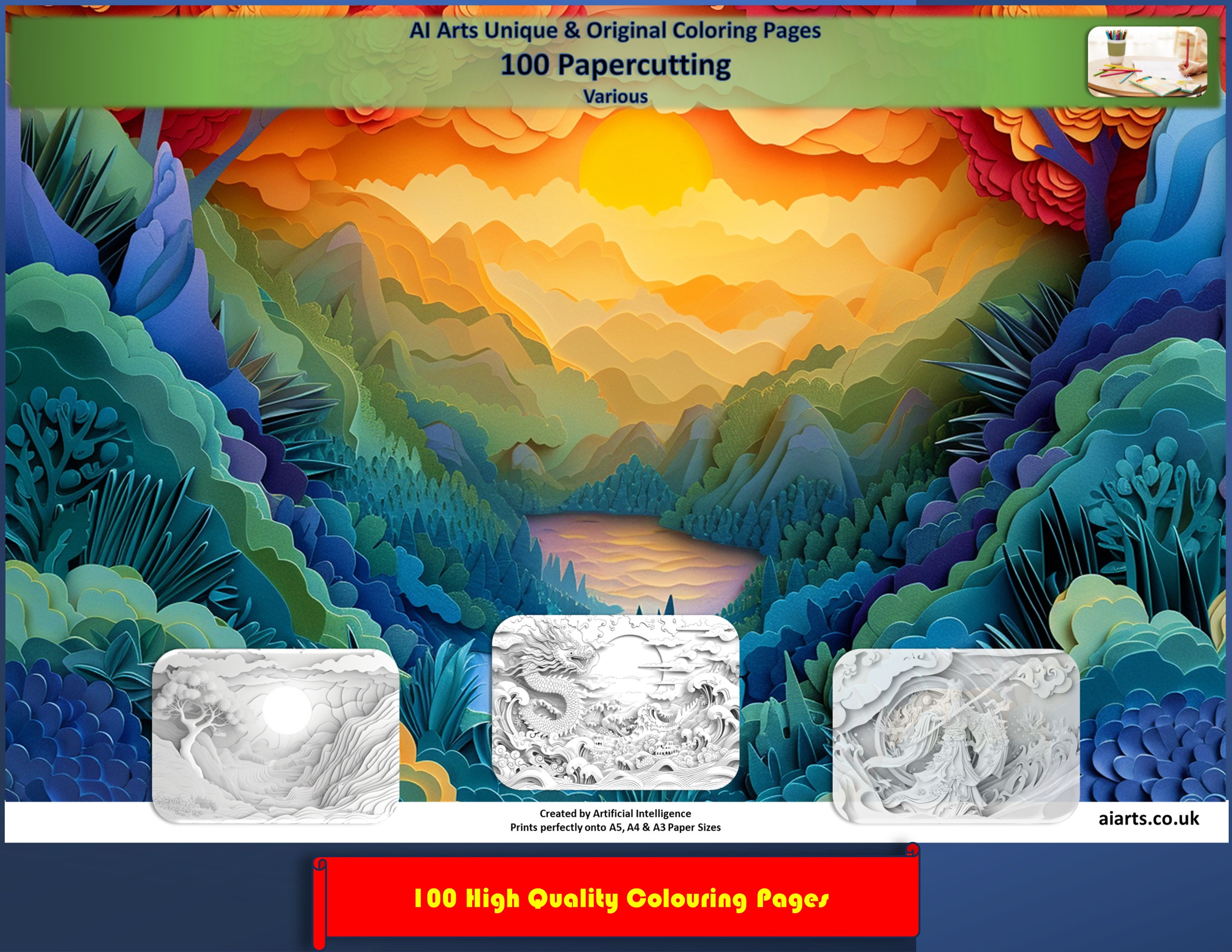 Papercutting Various, 100 Coloring Pages Plus 50 Color Sample Pages ...