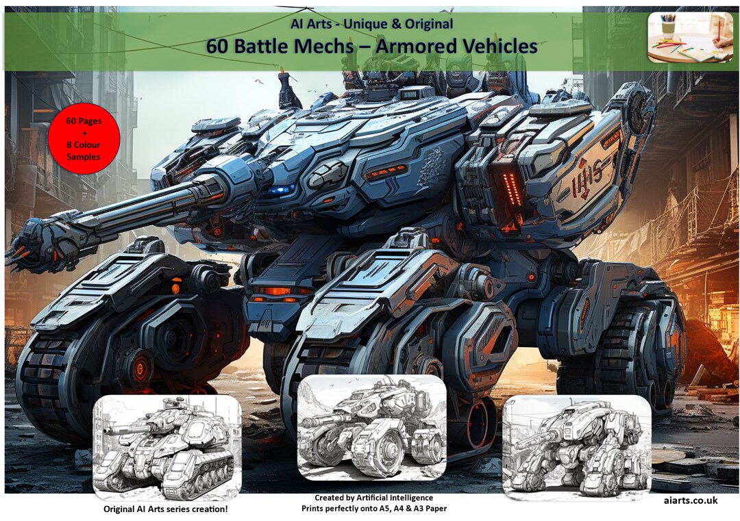 60 Pages of Awesome Battle Mechs - Armored Vehicles Print, Coloring Page Ebook - Etsy