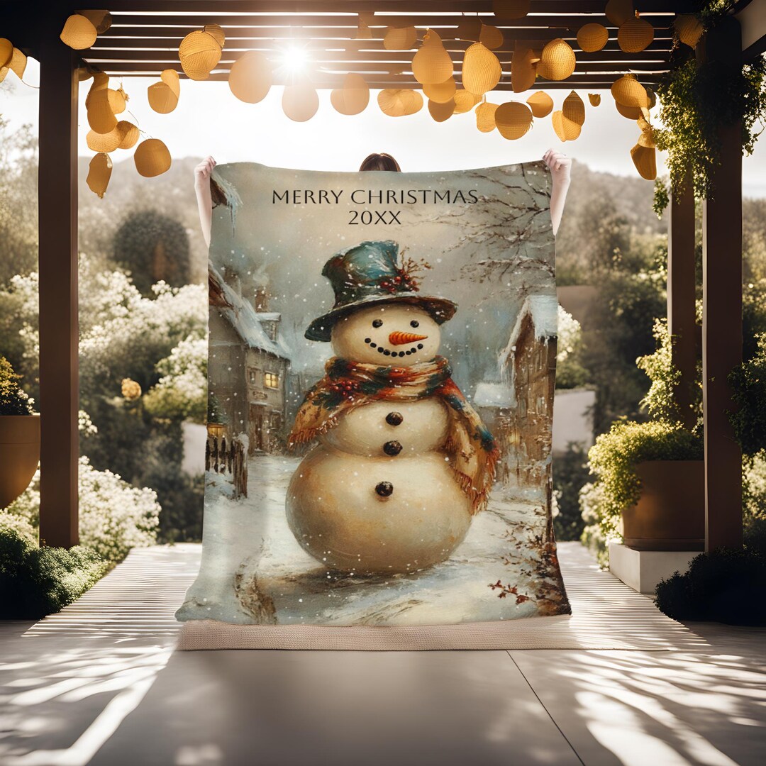 Personalized Vintage Christmas Snowman Blanket, Holiday Blanket, Cozy ...
