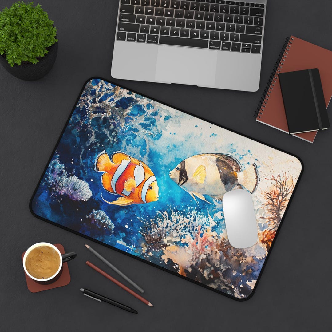 Tropical Fish Desk Mat, Blue and White Fish Gaming Mouse Pad, Large ...