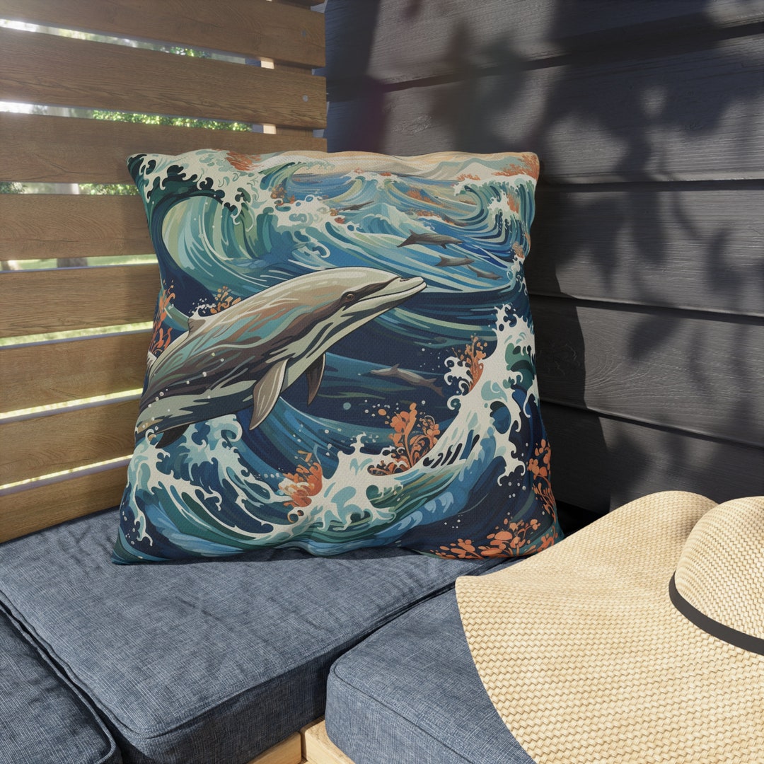 Outdoor Pillow, Dolphin Theme, Sea Life Pool Décor, Garden Decor, Pool ...