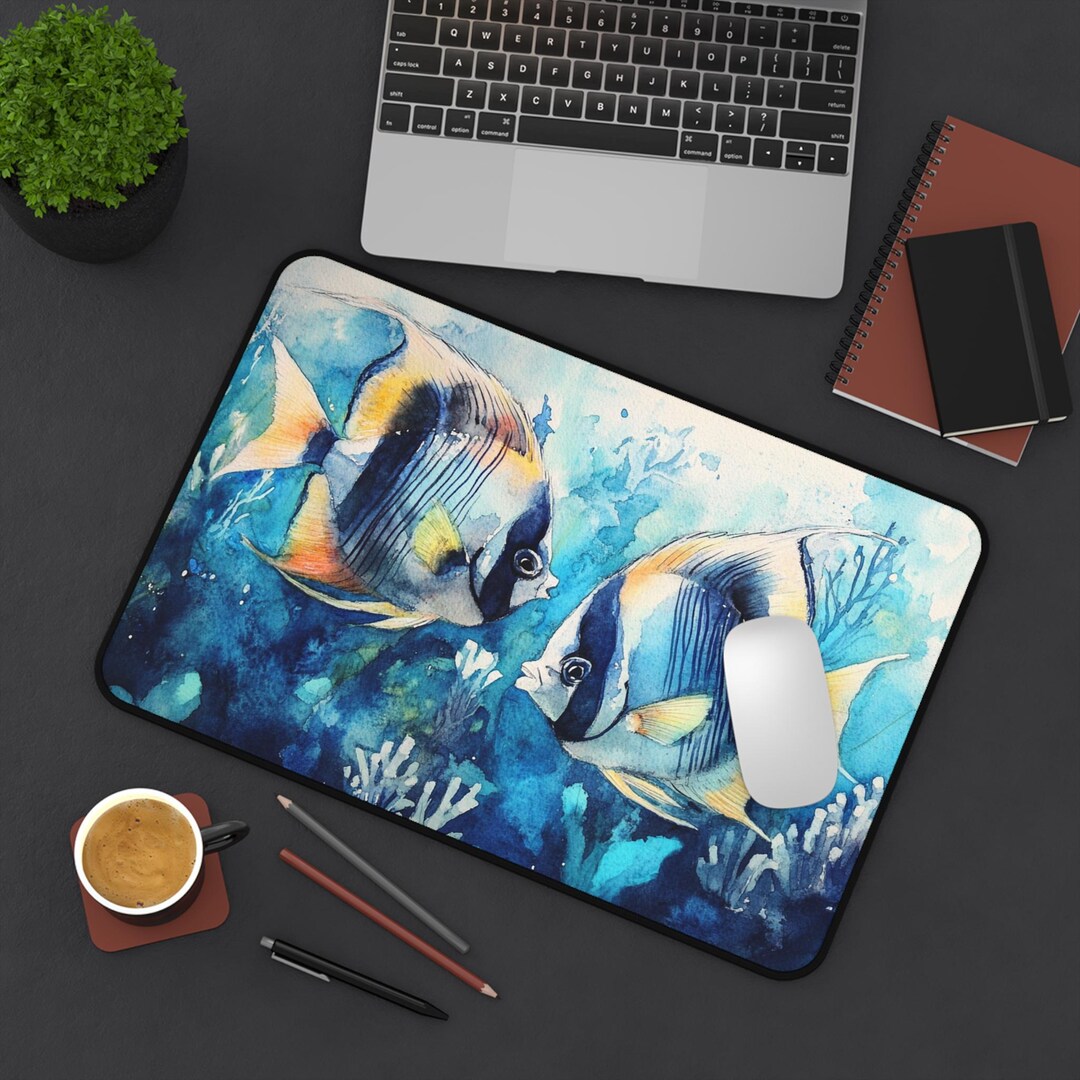 Tropical Fish Desk Mat, Blue and White Fish Gaming Mouse Pad, Large ...