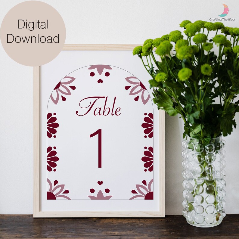 4x6 Printable Talavera Mexican Theme Arched Table Numbers - Burgundy ...