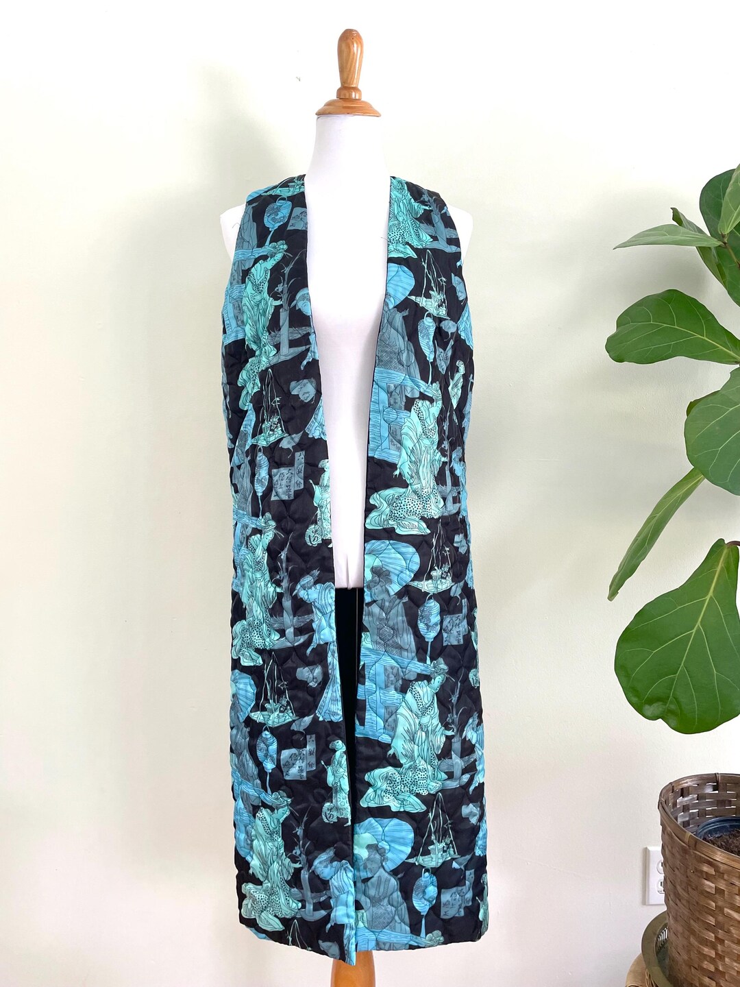 Vintage 60s Quilted Japanese Geisha Pattern Maxi Vest / Blue & Black - Etsy