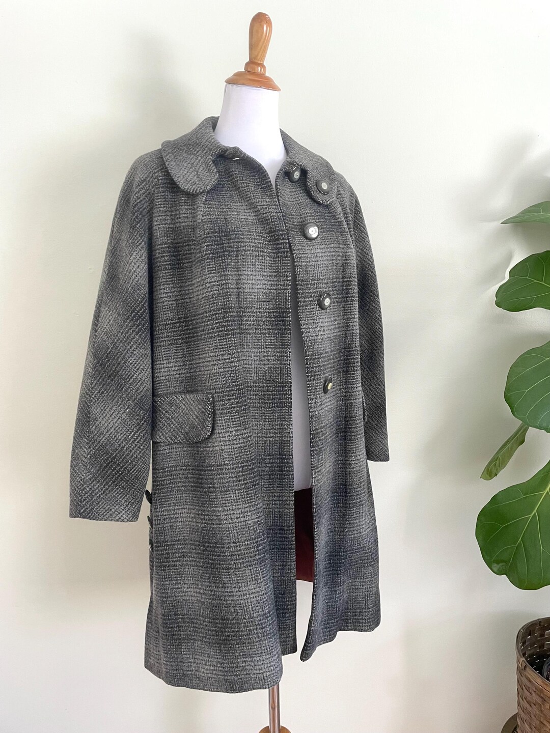 Vintage Wool Coat 60s 3/4 Length Grey Plaidish Patten - Size Small - Etsy