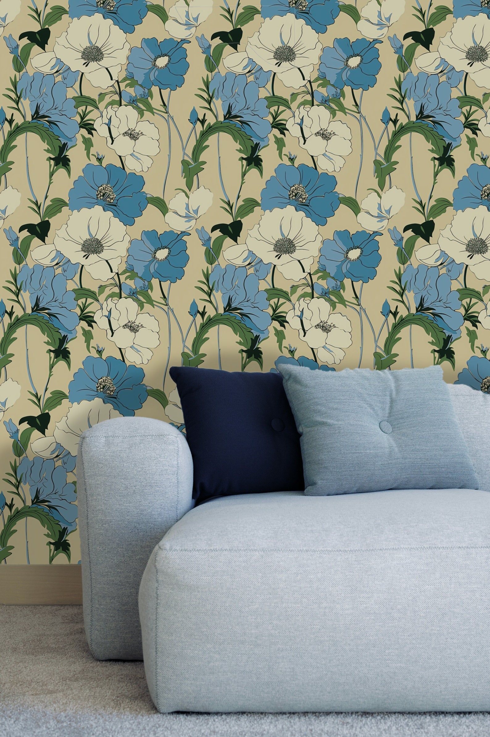 Elegant Beige Floral Wallpaper With Blue Blossoms PEEL&STICK Vintage ...